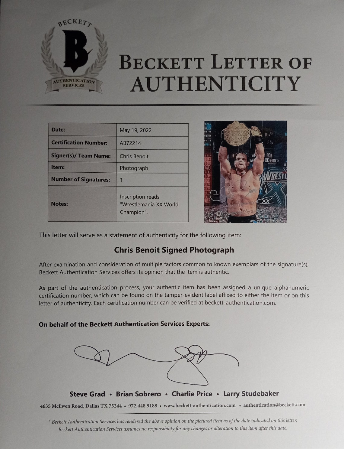 Chris Benoit Authentic Signed 8x10 Photo W/ Beckett LOA - Etsy