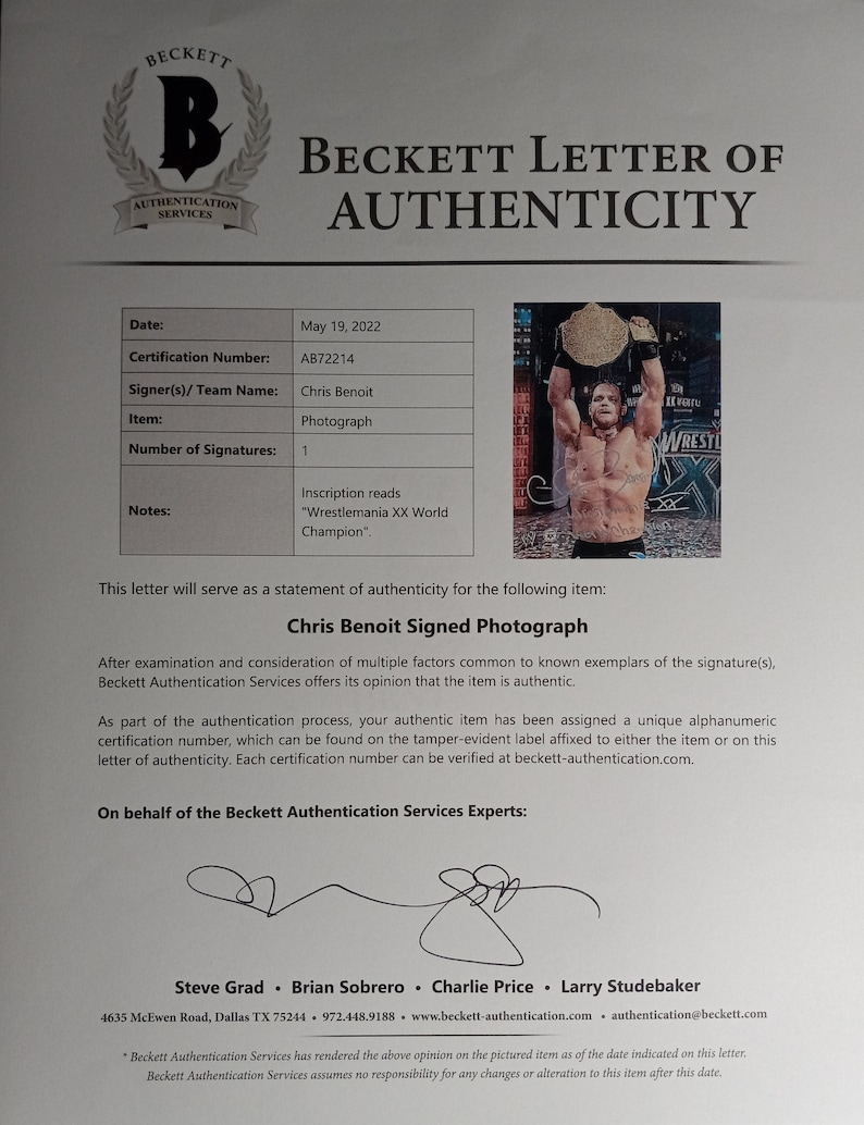 Chris Benoit Authentic Signed 8x10 Photo W/ Beckett LOA Authentication ...