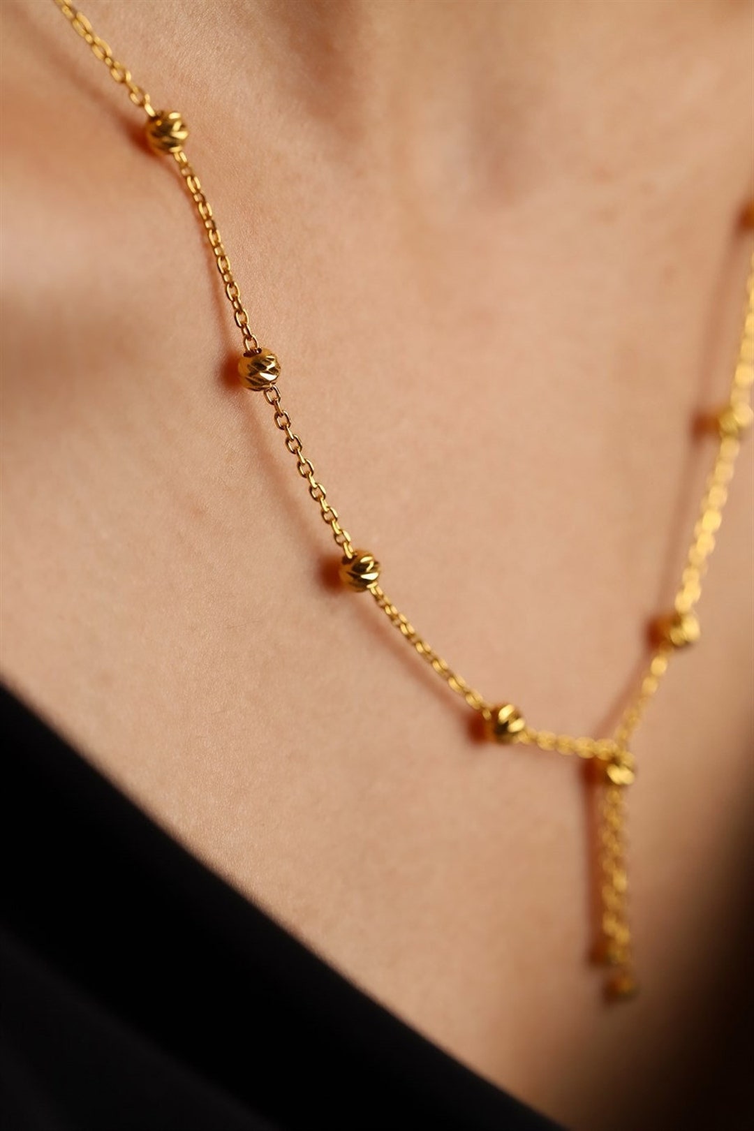 22K Solid Gold, Dorica Ball Chain , Dorica Beaded Chain , Italy Beaded ...