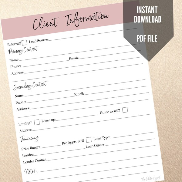 Realtor Client Sheet - Etsy