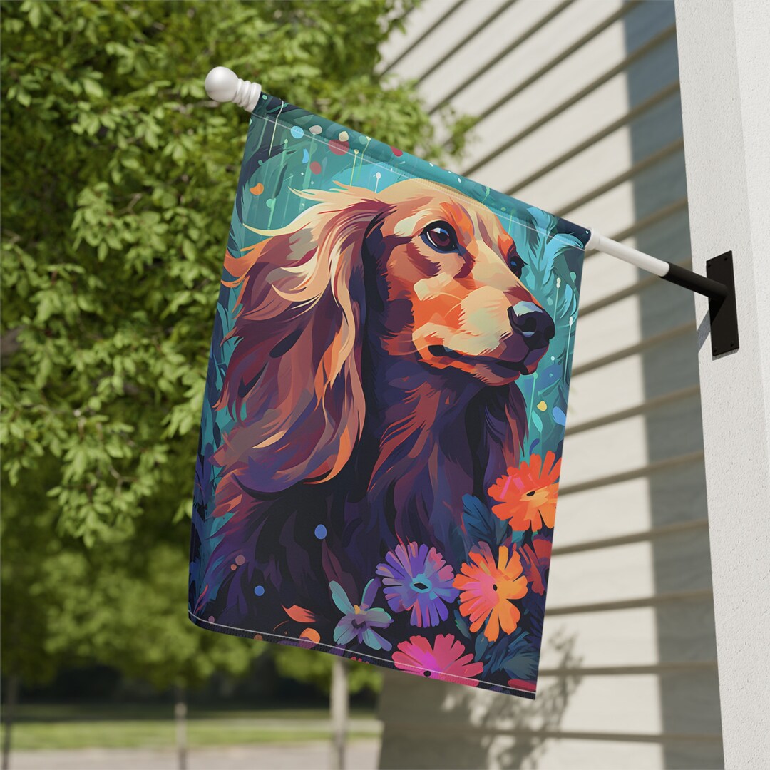 Long Hair Dachshund House Flag for Dachshund Art Lovers, Yard Flag Long ...