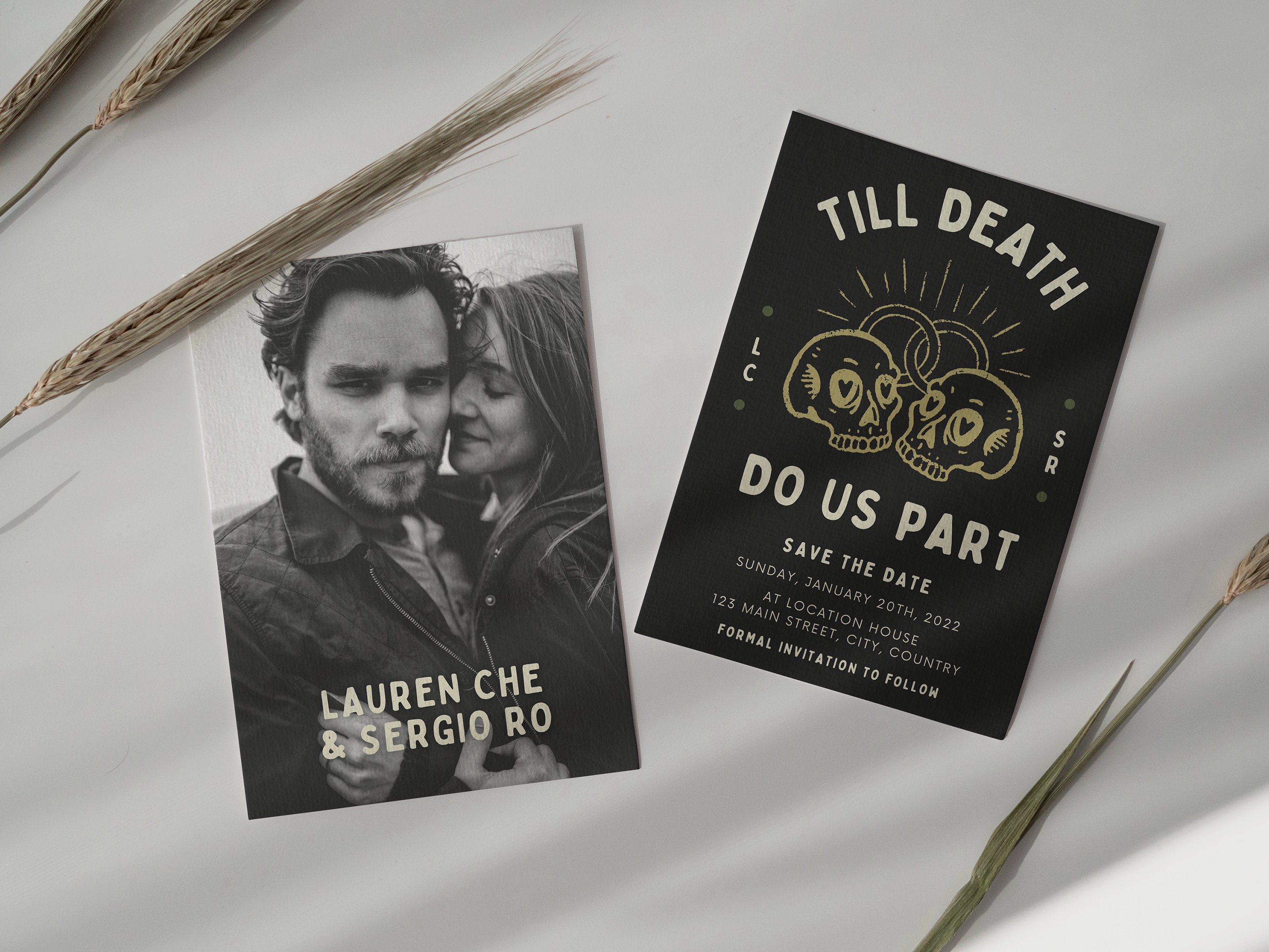 Save the Date Invitation, Black Tattoo Vintage Skull, Editable Template ...