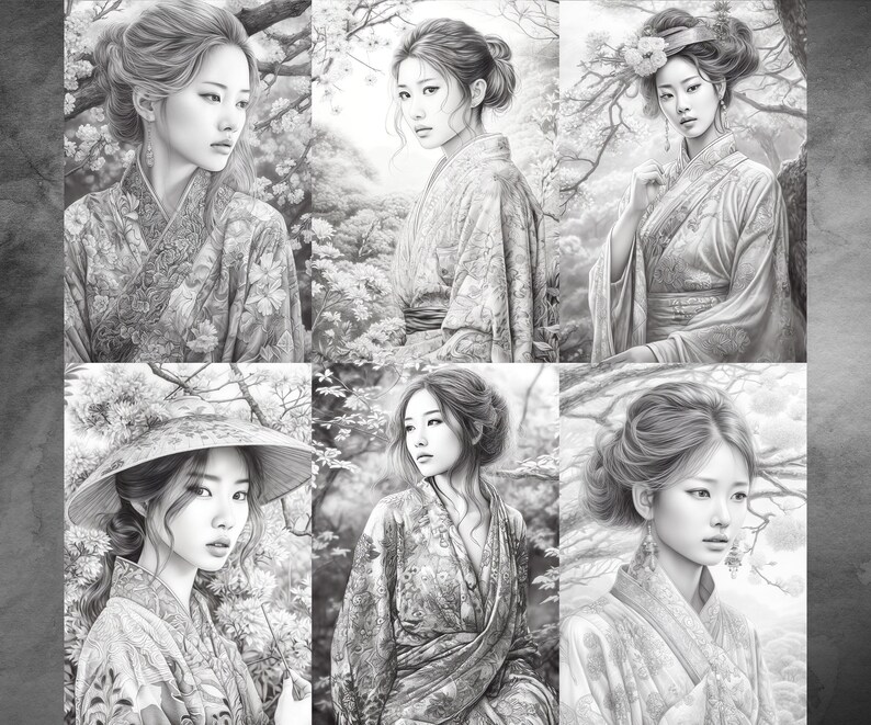 20 Grayscale Adult Coloring Pages of Beautiful Japanese - Etsy