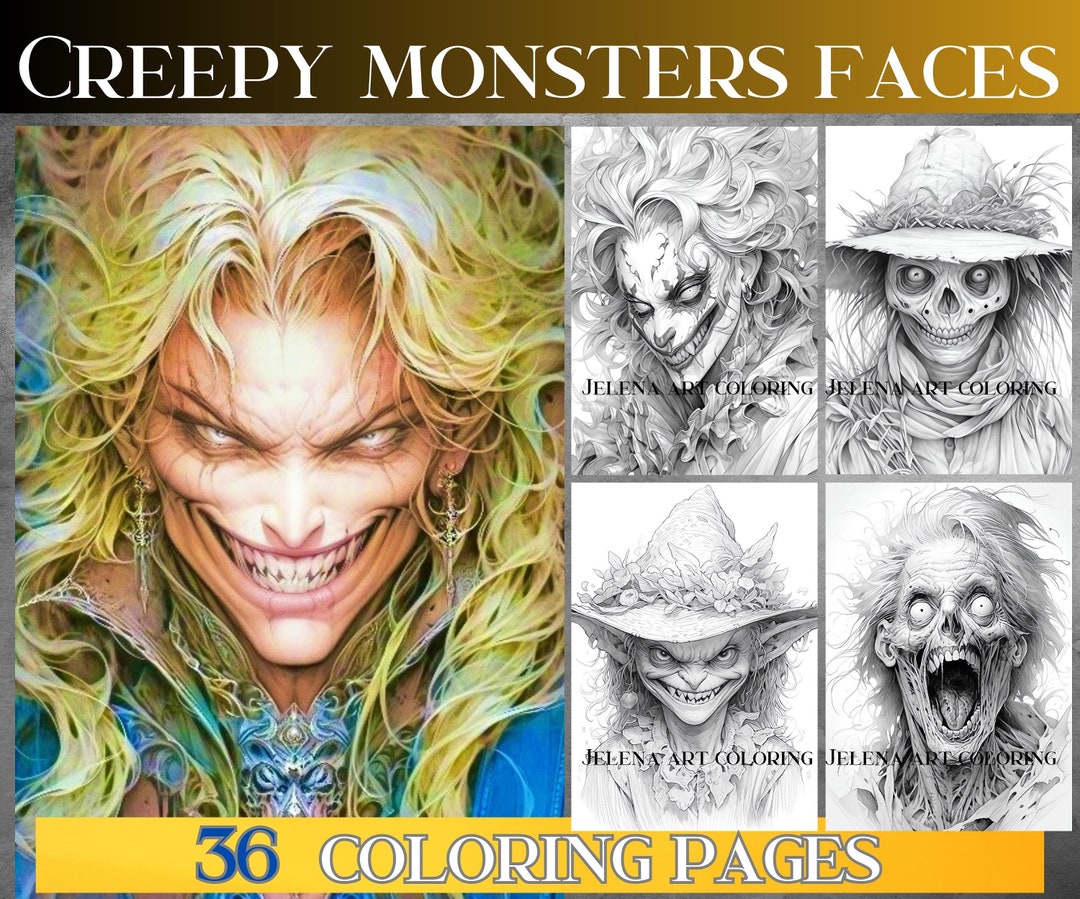 Grayscale Coloring Book "creepy Monsters". Intricate Faces & Sinister ...