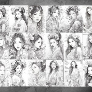 Grayscale Japanese Geisha Coloring Book. 30 Printable Coloring Pages of ...