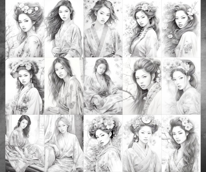 Grayscale Japanese Geisha Coloring Book. 30 Printable Coloring - Etsy