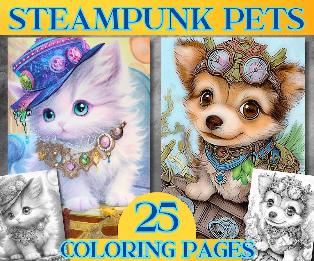 Grayscale Coloring Pages of Steampunk Pets. 25 Cute Animals Set ...