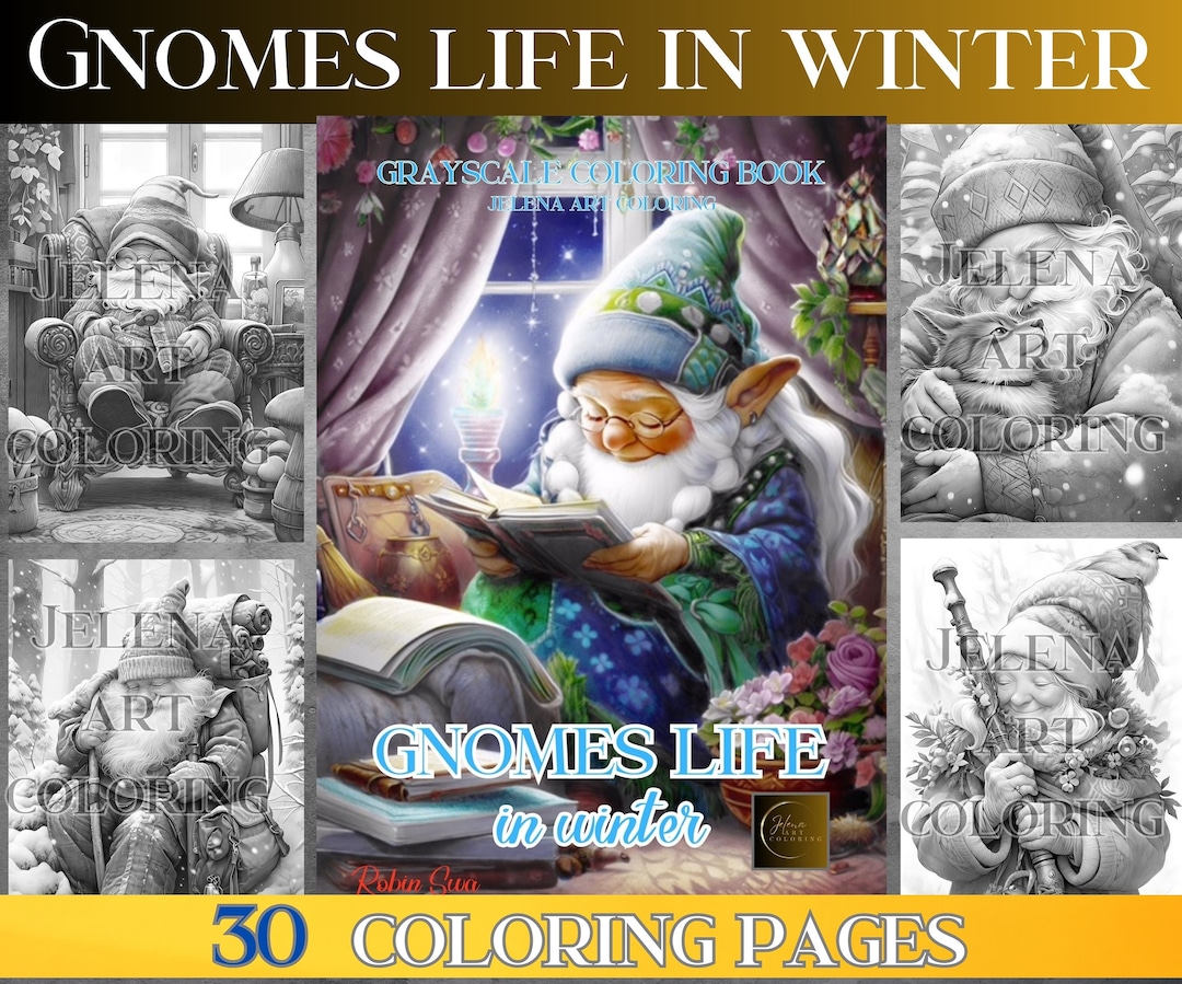 Winter Gnomes Life, Grayscale Coloring Book Adult. Whimsical World of ...