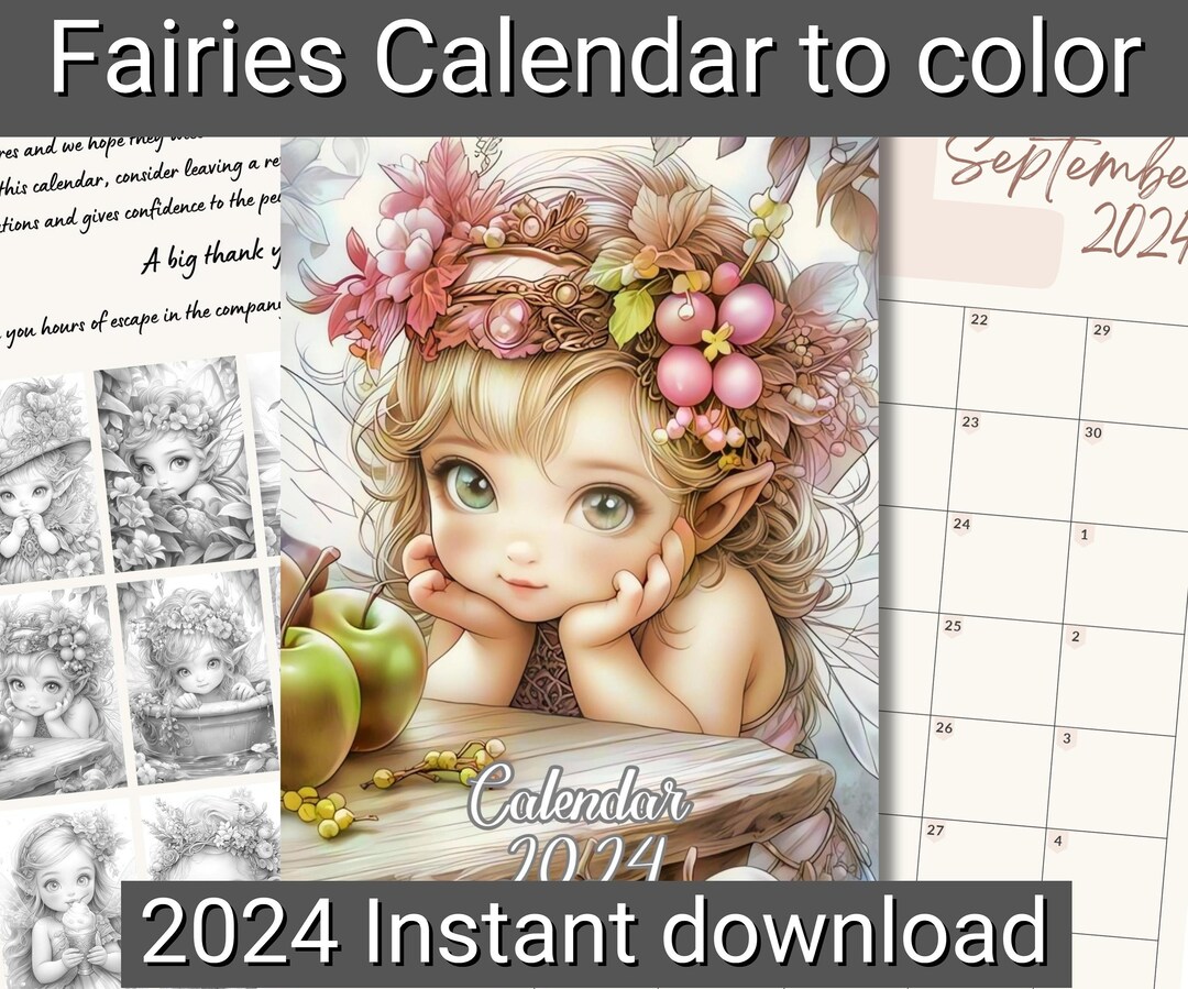 Whimsical Grayscale Coloring Calendar "young Fairies 2". PDF HD ...