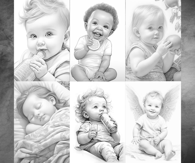 Baby's Day Grayscale Coloring Pages: HD Printable Illustrations (PDF ...
