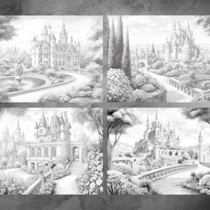 25 Enchanted Princess Castle & Garden Grayscale Coloring Pages | HD 300 ...