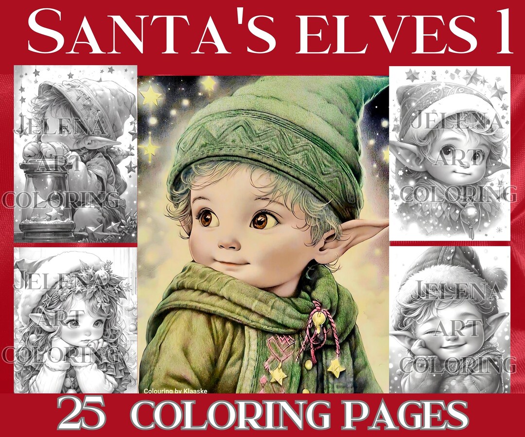 Grayscale Coloring Book "cute Santa's Elves". 25 Illustrations to Color ...