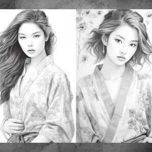 Grayscale Japanese Geisha Coloring Book. 30 Printable Coloring Pages of ...