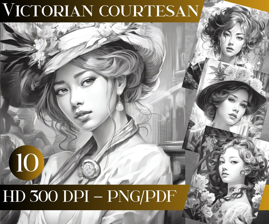 Grayscale Coloring Pages of Victorian Courtesan Girl HD High Definition ...