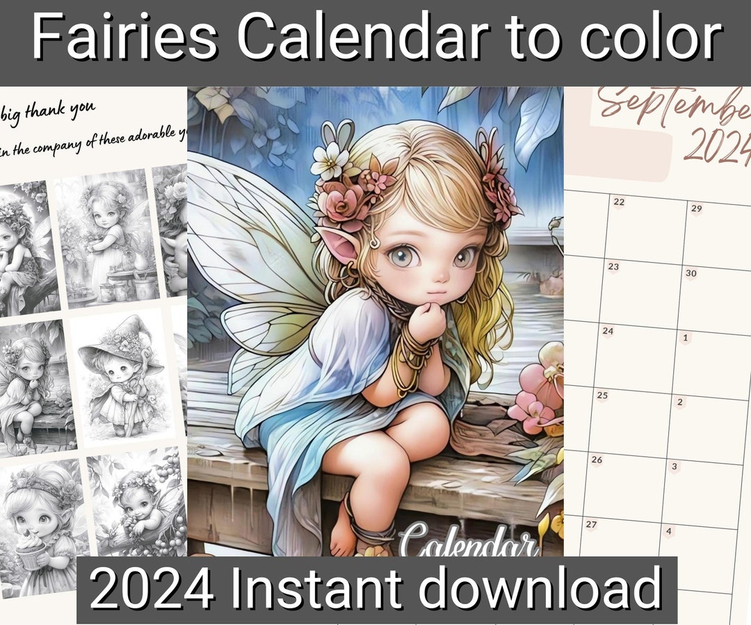 Whimsical Fairies Coloring Calendar: Grayscale HD Printable (PDF ...