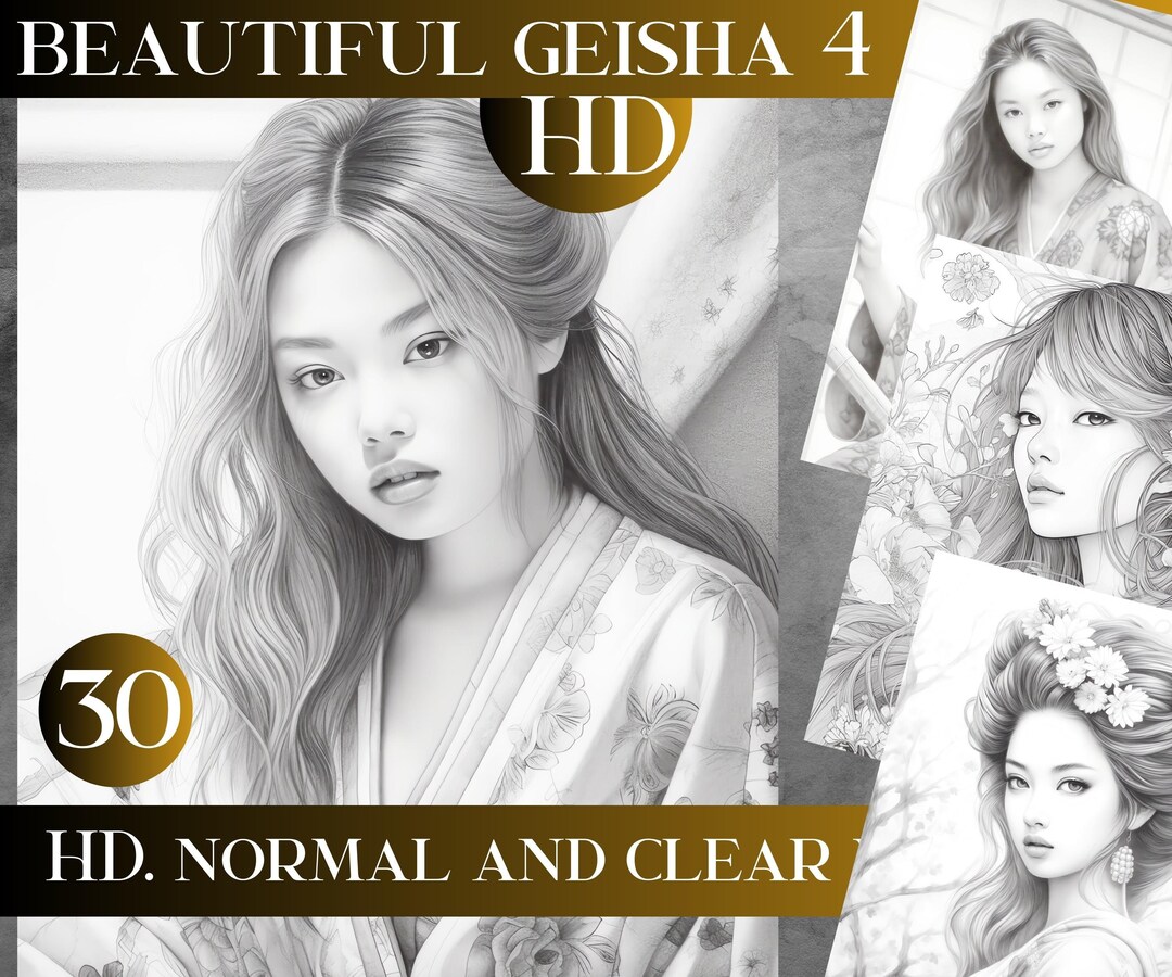 Grayscale Japanese Geisha Coloring Book: 30 Printable Pages (PDF) - Etsy
