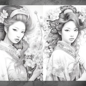 Grayscale Japanese Geisha Coloring Book. 30 Printable Coloring Pages of ...
