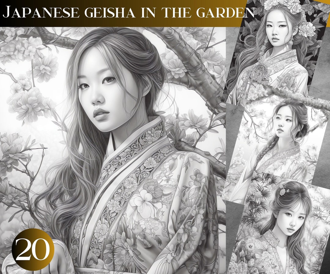 20 Japanese Garden Geisha Grayscale Coloring Pages | HD 300 Dpi A4 ...