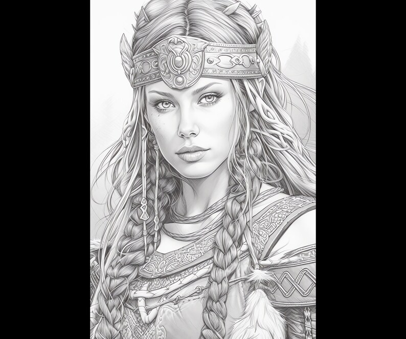 Viking Girl Grayscale Coloring Pages: Historical Warrior Art (PNG & PDF ...