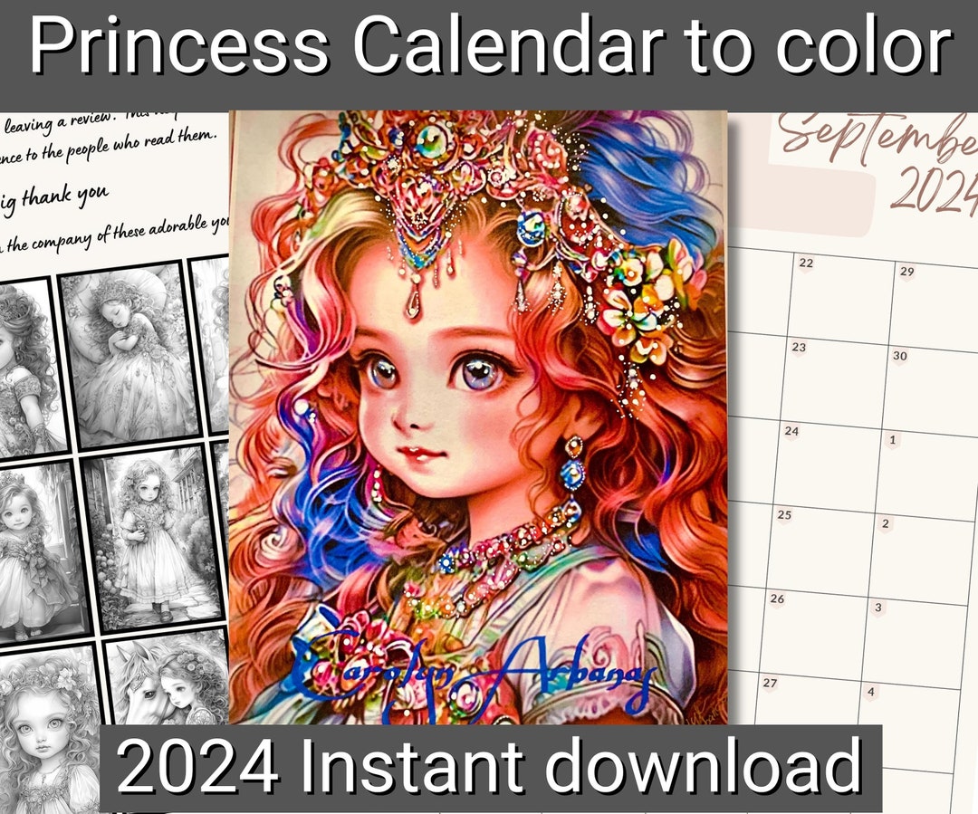 Whimsical Grayscale Coloring Calendar "cute Princesses 2". PDF HD ...