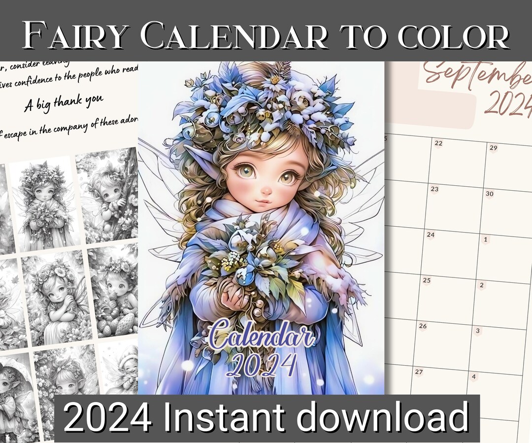 Whimsical Grayscale Coloring Calendar "saisonal Fairy". PDF HD ...