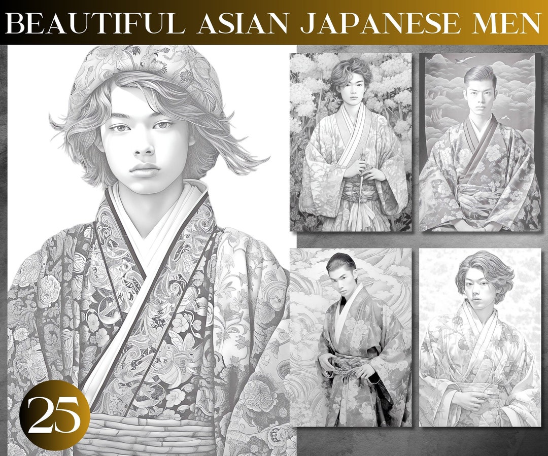 Grayscale Printable Traditional Japanese Asian Young Men Coloring Pages ...