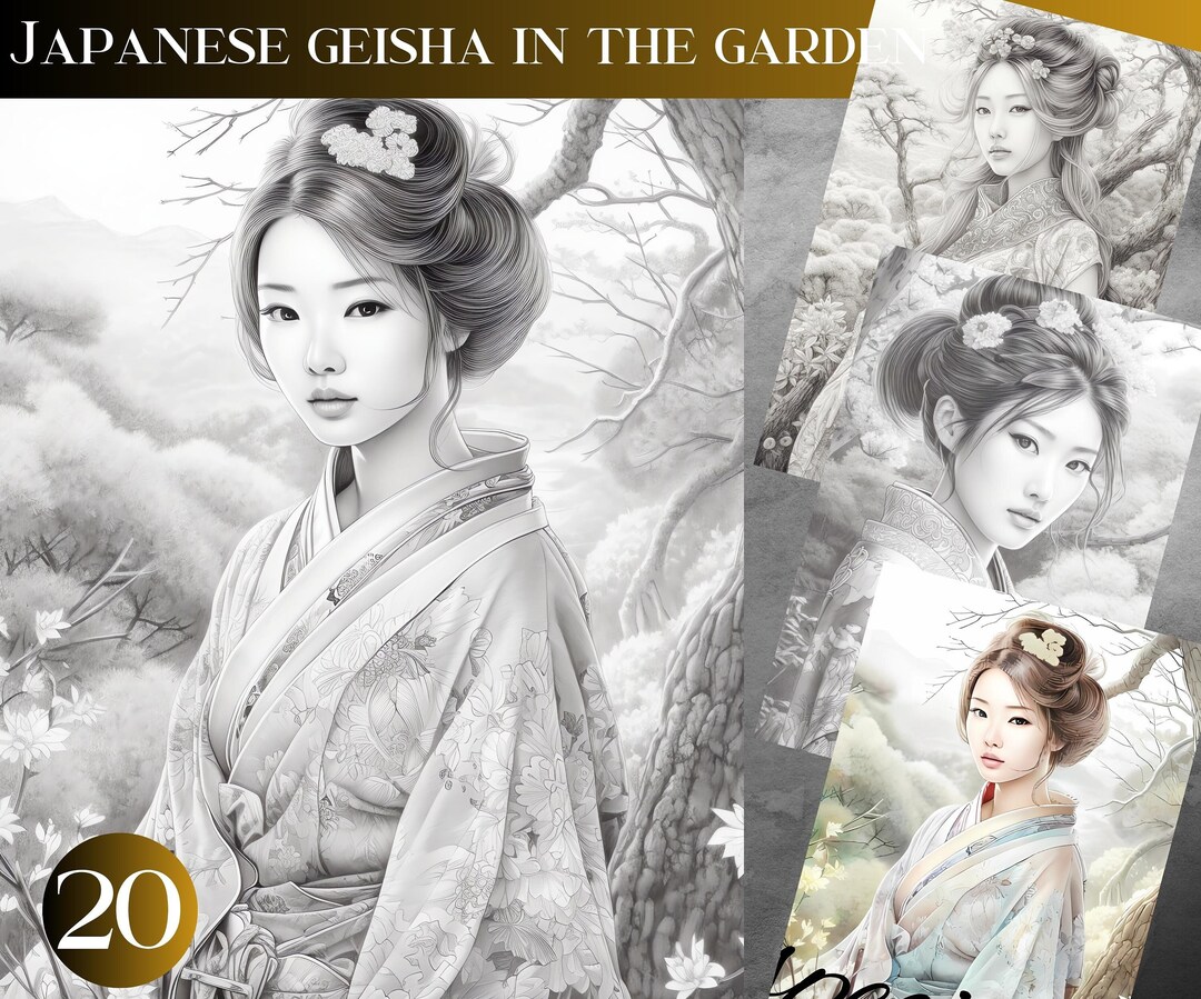 20 Japanese Garden Geisha 2 Grayscale Coloring Pages | HD 300 Dpi A4 ...