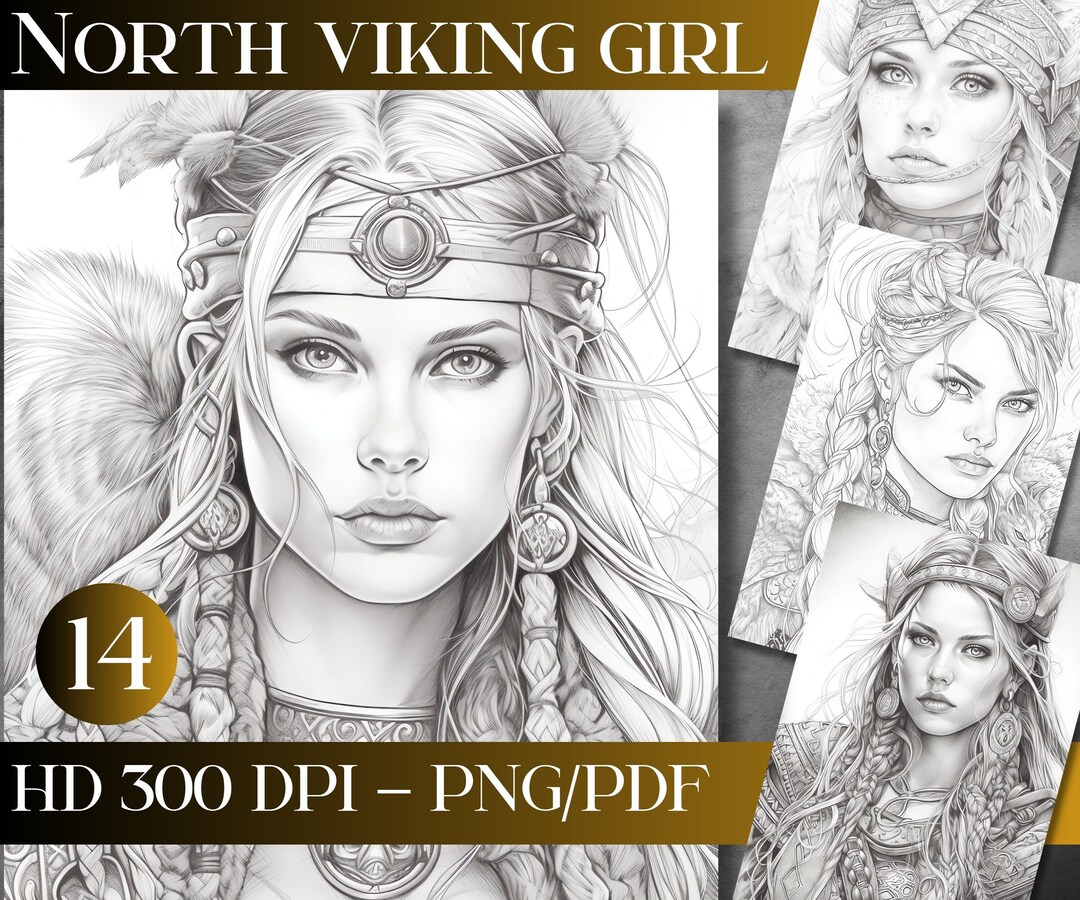 14 Viking Girl Grayscale Coloring Pages | HD 300 Dpi A4 | PNG & PDF ...