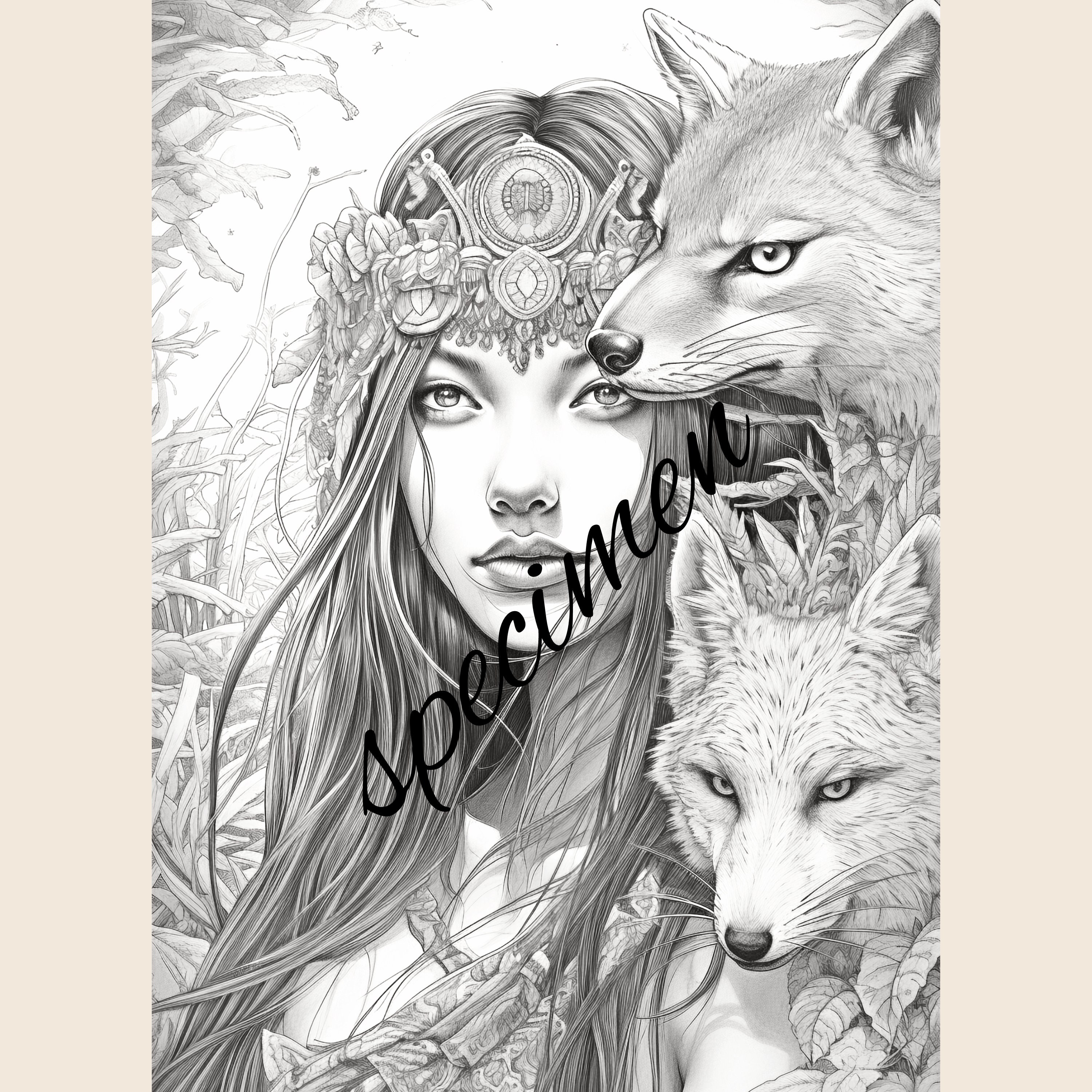 Grayscale Adult Coloring Pages of Beautiful Shaman Girl From - Etsy
