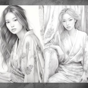 Grayscale Japanese Geisha Coloring Book. 30 Printable Coloring Pages of ...