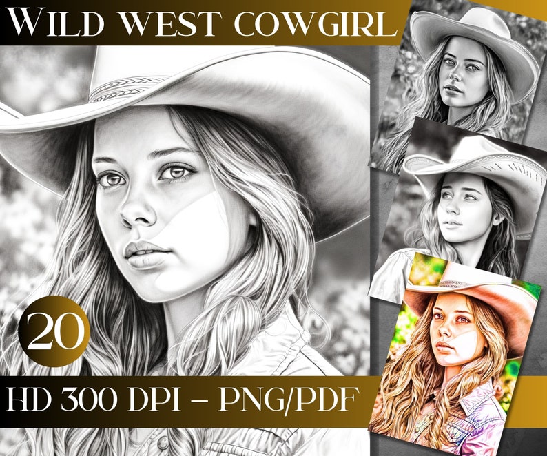 Cowgirl Grayscale Coloring Book: 20 Wild West Illustration Pages (PDF ...