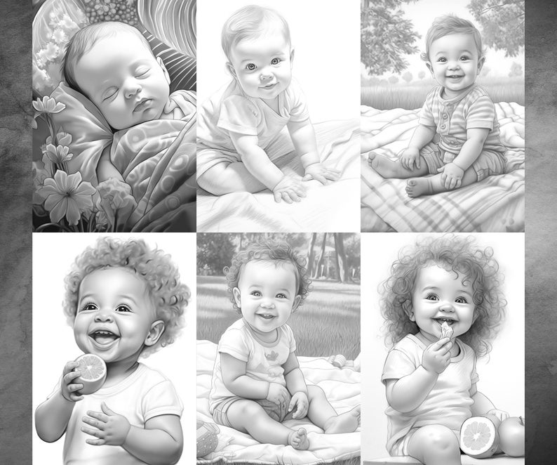Cute Baby's Day Grayscale Coloring Pages 300 Dpi HD PDF - Etsy