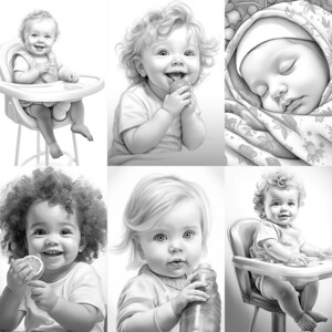 Cute Baby's Day Grayscale Coloring Pages | 300 Dpi HD PDF | Clear ...