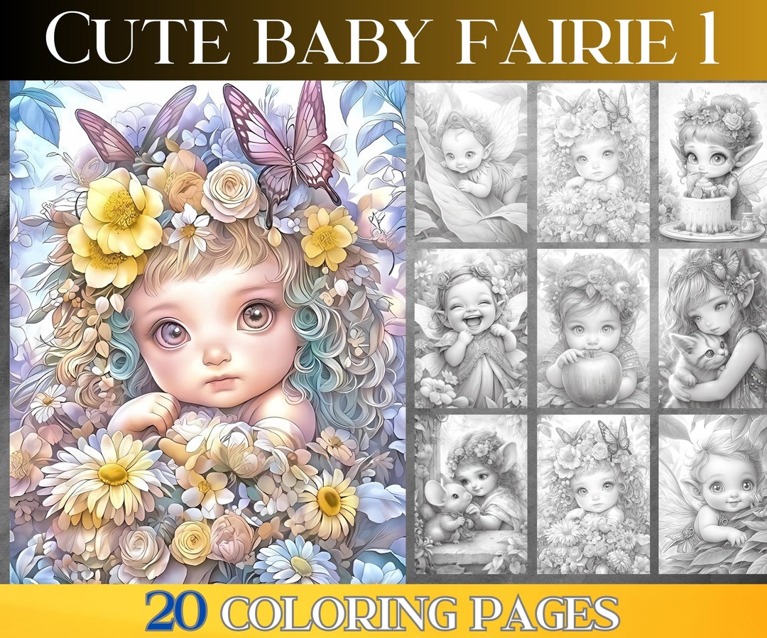 20 Grayscale Fairy Coloring Pages of Cute Baby Fairie Set 2, Printable ...