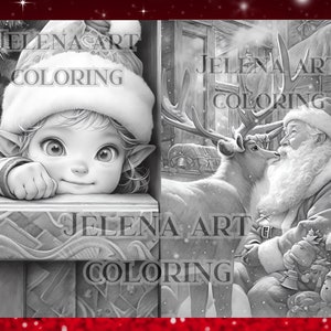 Grayscale Coloring Book, Santa Claus and Elves. 30 Illustrations to ...
