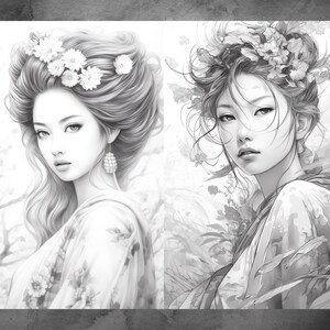 Grayscale Japanese Geisha Coloring Book. 30 Printable Coloring Pages of ...