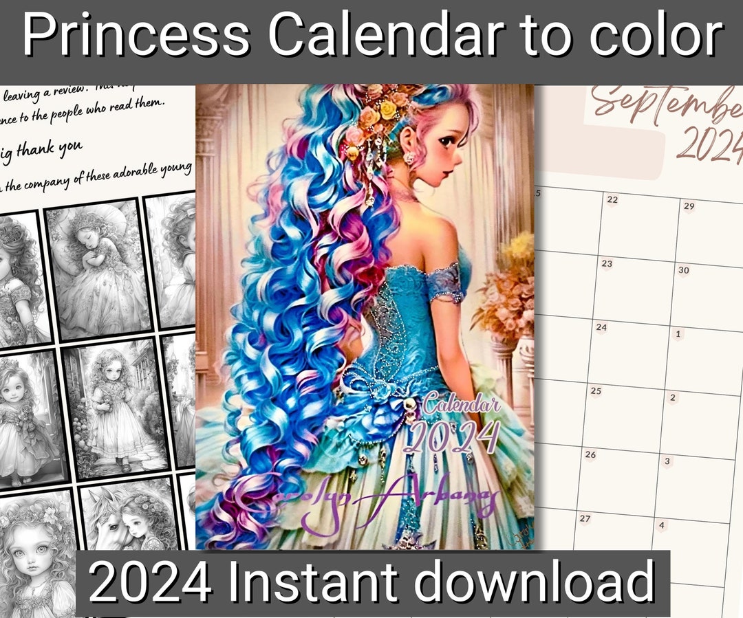 Whimsical Grayscale Coloring Calendar "cute Princesses". PDF HD ...
