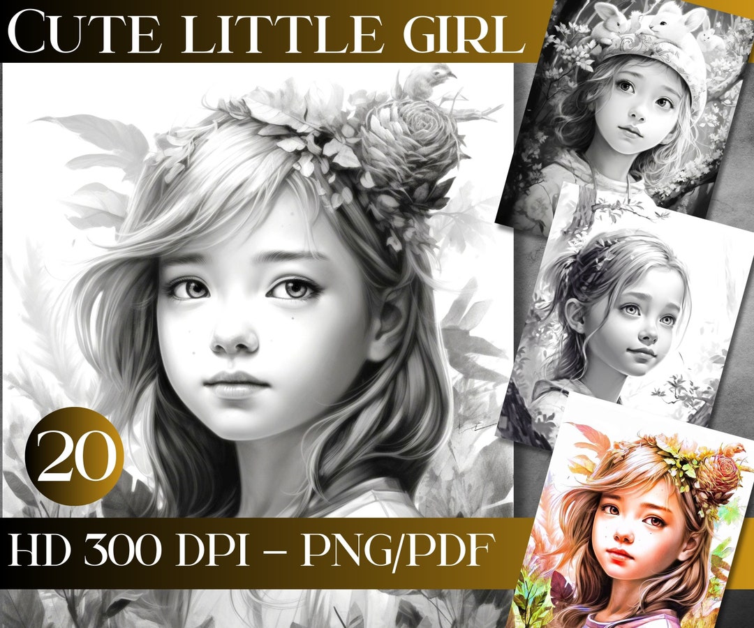 20 Beautiful Grayscale Coloring Pages of Cute Little Girls in Forest ...
