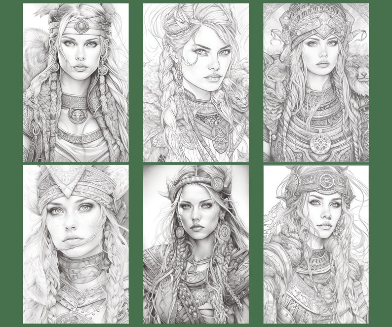 14 Viking Girl Grayscale Coloring Pages HD 300 Dpi A4 PNG - Etsy