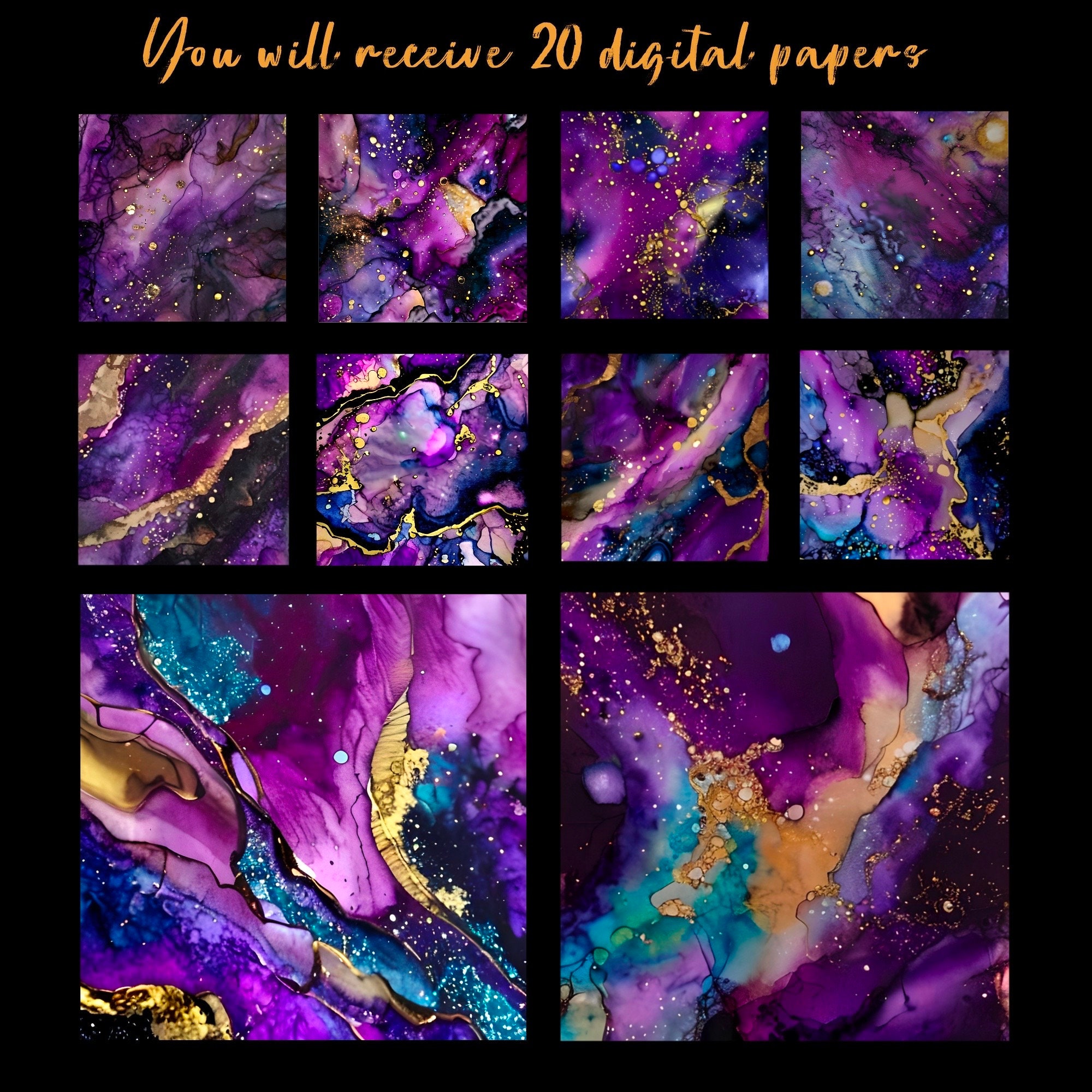 Purple and Gold Agate Digital Paper, Watercolor Textures, Sparkly ...