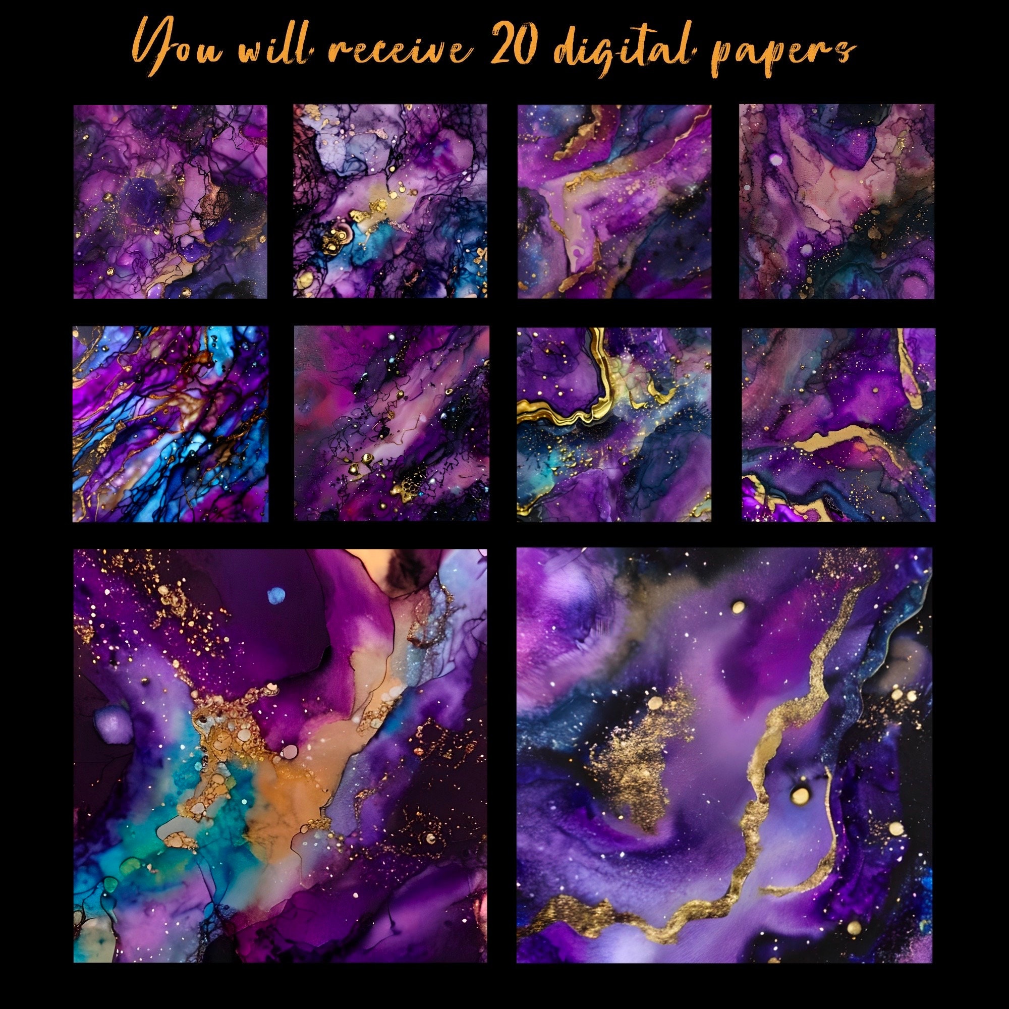 Purple and Gold Agate Digital Paper, Watercolor Textures, Sparkly ...
