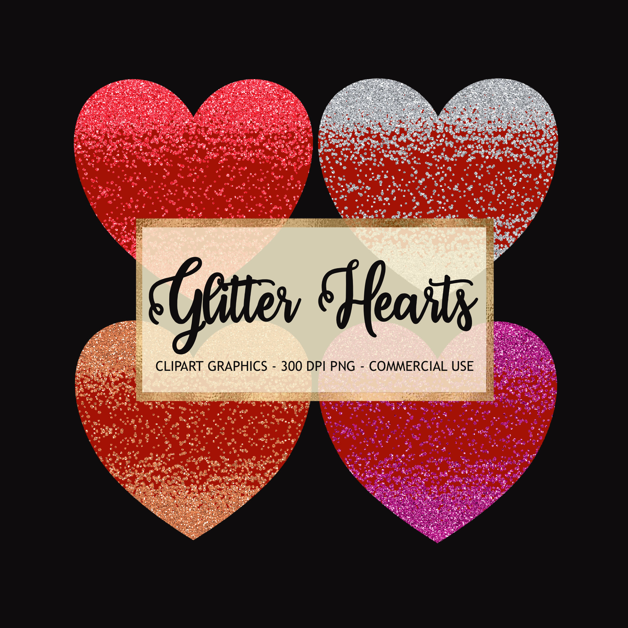 Glitter Hearts Clipart PNG Digital Graphics Valentine Hearts ...