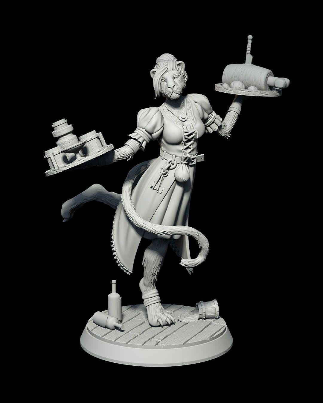 Tabaxi Waitress RPG Model W/ Base | 32mm and 75mm Scale Options | D&D ...