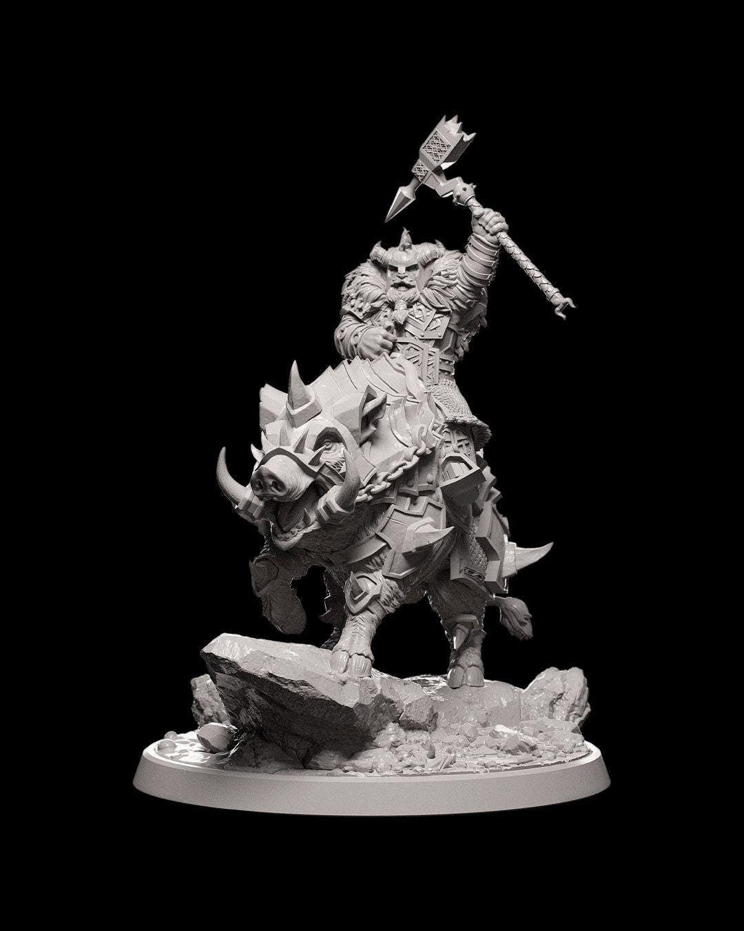 Dwarven King on Boar Mount RPG Model W/ Base | 32mm Scale | D&D ...
