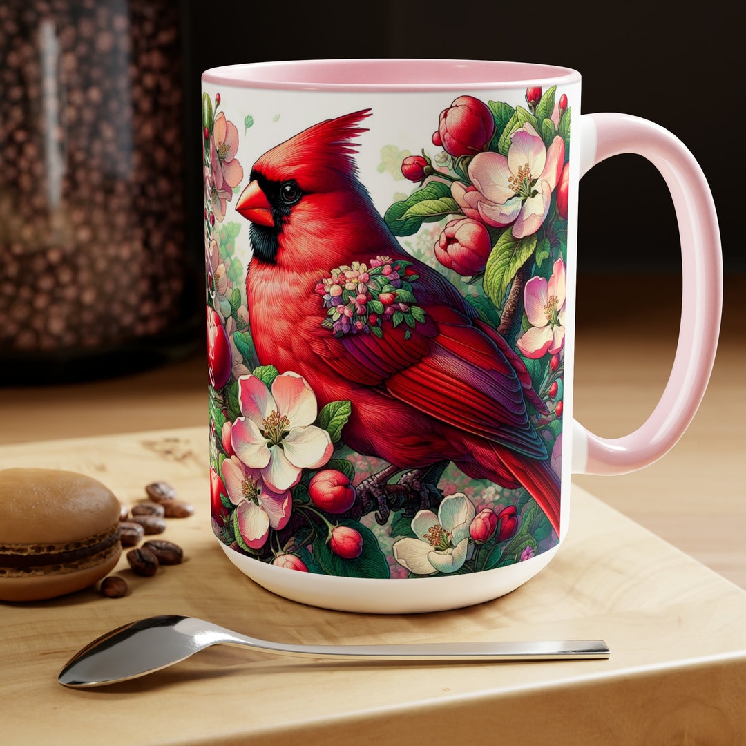 Whimsical Red Cardinal Bird in the Spring Blossoms Two-tone Coffee Mugs ...