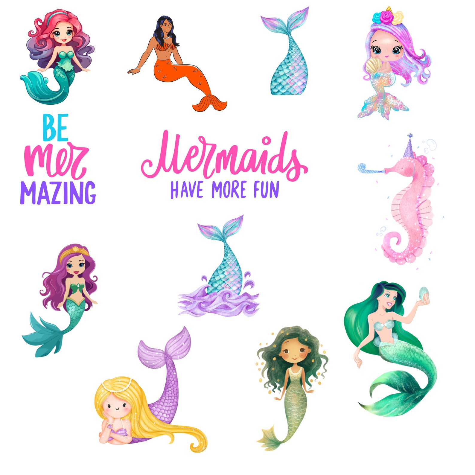 Mermaid Time, 10 Pages of Fun Mermaid and Cat Mermaid Digital Paper, 3 ...