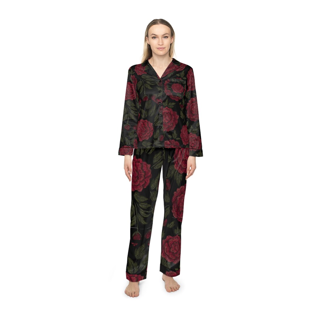 Classy Flowers Dark Red and Black Women's Satin Pajamas AOP - Etsy