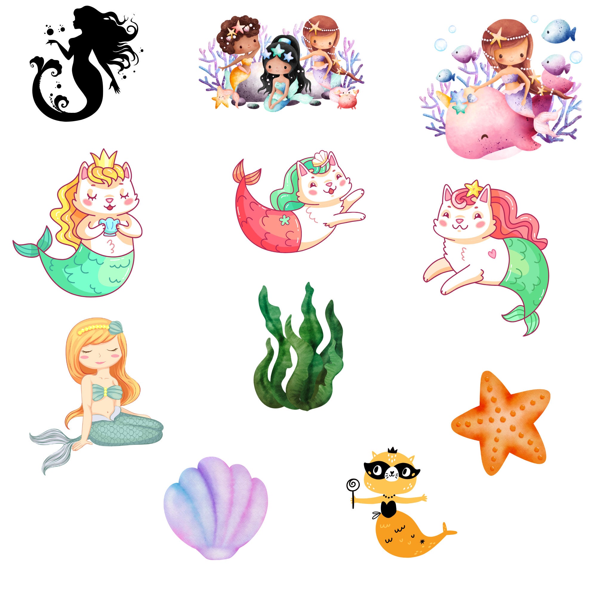 Mermaid Time, 10 Pages of Fun Mermaid and Cat Mermaid Digital Paper, 3 ...