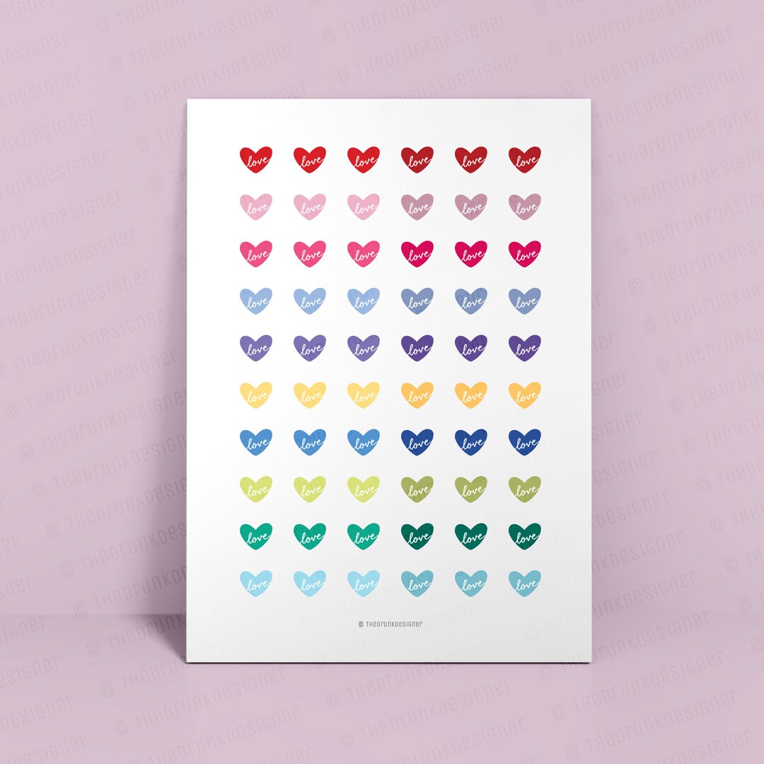 Love Heart Stickers, Colorful Printable Heart Stickers A4 Size PDF ...