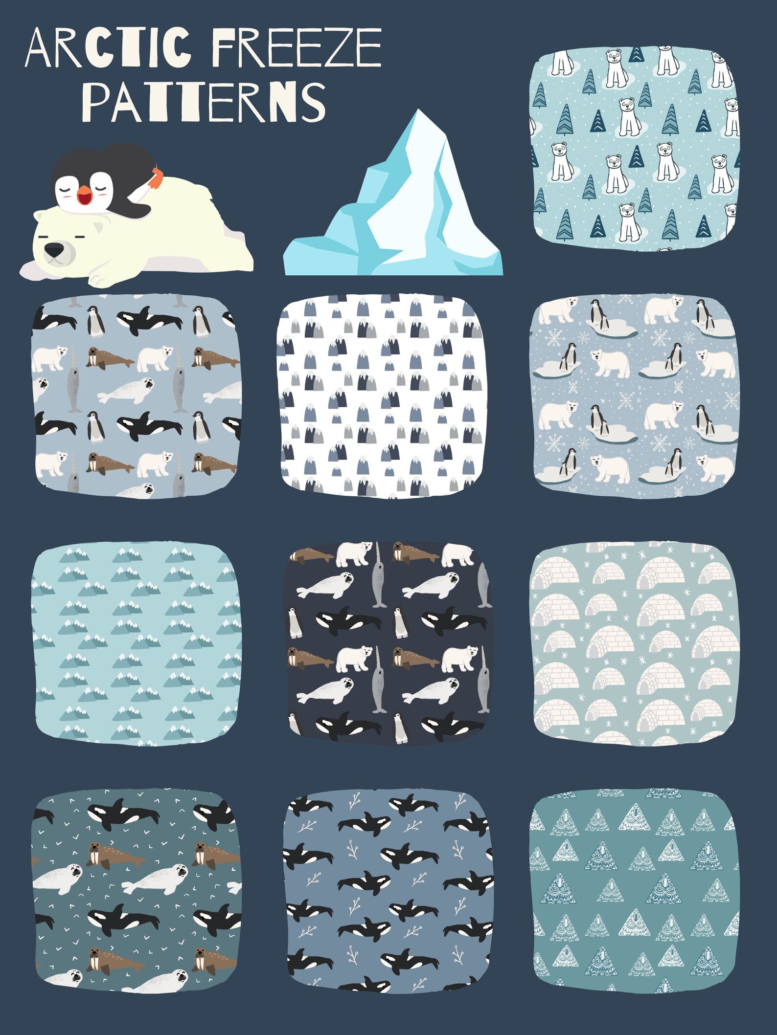 Arctic Patterns Winter Digital Paper Polar Bear Seamless Patterns Hand ...